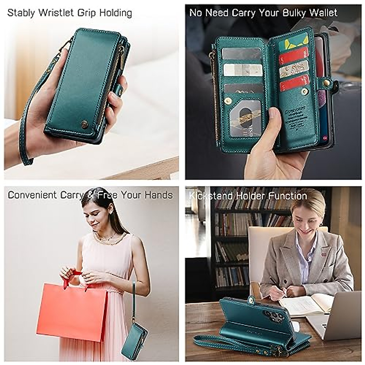 Defencase Galaxy A32 5G Case, RFID Blocking Samsung Galaxy A32 5G Case Wallet for Women Men with Card Holder, Zipper Magnetic Flip PU Leather Protective Samsung Galaxy A32 5G Phone Case, Blue Green