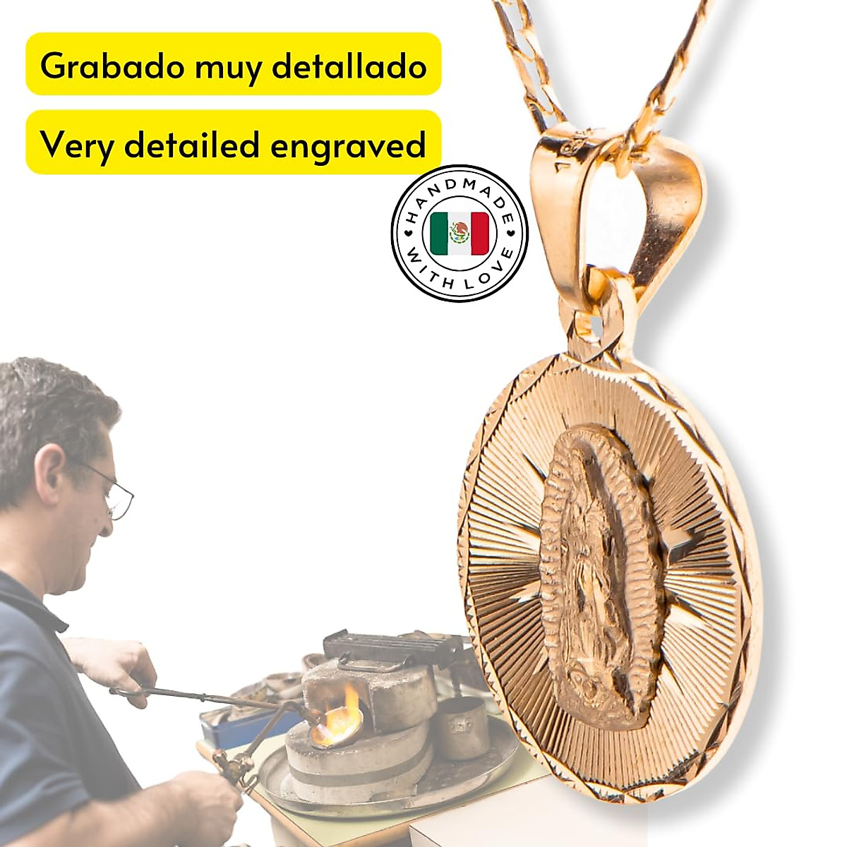 MXArtsCrafts - Virgen de Guadalupe round gold medal necklace, 14k gold laminated Chain with charm Our Lady of Guadalupe, Virgin Mary pendant Necklace, Religious Catholic Jewelry with gift box