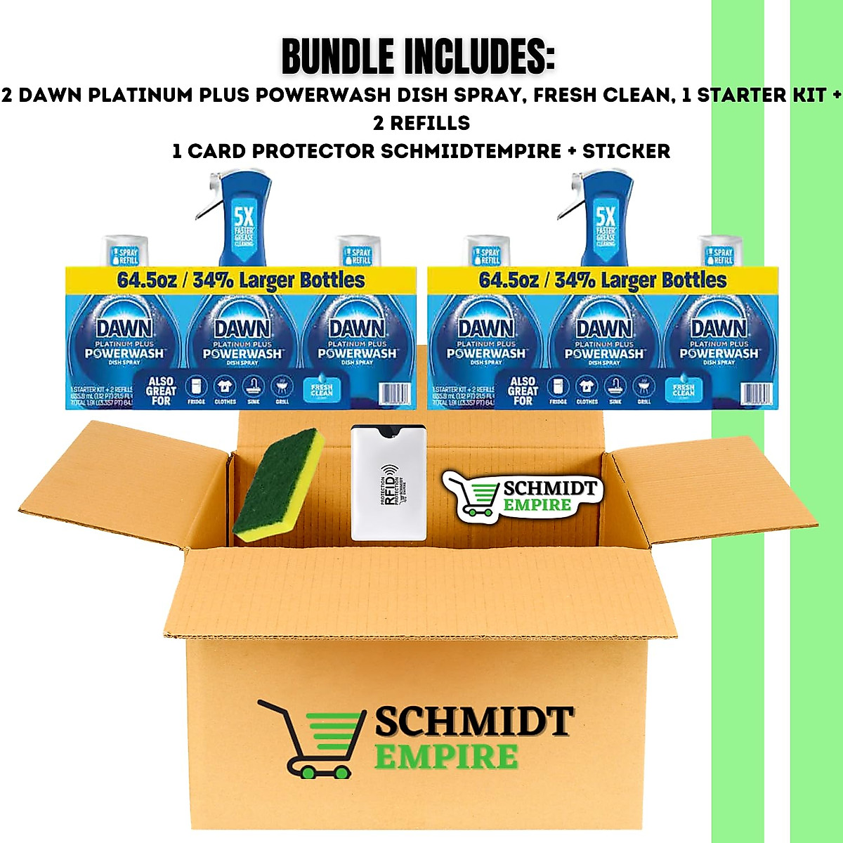 Dawn Platinum Powerwash, Fresh Scent, 1 Starter Kit + 2 Refills + Cleaning Sponge + 1 Card Protector SchmiidtEmpire + Sticker (16oz each - 6 Piece Set - Pack of 2)