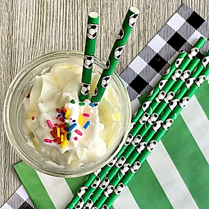 Soccer Ball Paper Straws - White Black Green - Soccer Party Supply - 100 Pack Outside the Box Papers