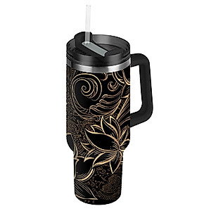 Yasala Car Tumbler with Handle Golden Lotus Floral Travel Mug Coffee Cup Insulated Beverage Container Mega Cup for Hot Cold Drinking Thermos Water Bottle Cupholder Friendly 40 oz