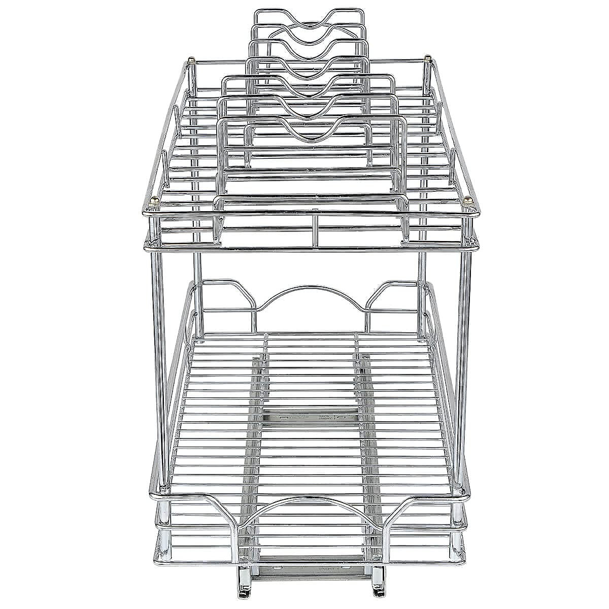 OCG 2 Tier Pull Out Cabinet Organizer for Lid Cookware (11" W x 18" D), Slide Out Kitchen Cabinet Shelves, 2 in 1, Chrome Finish