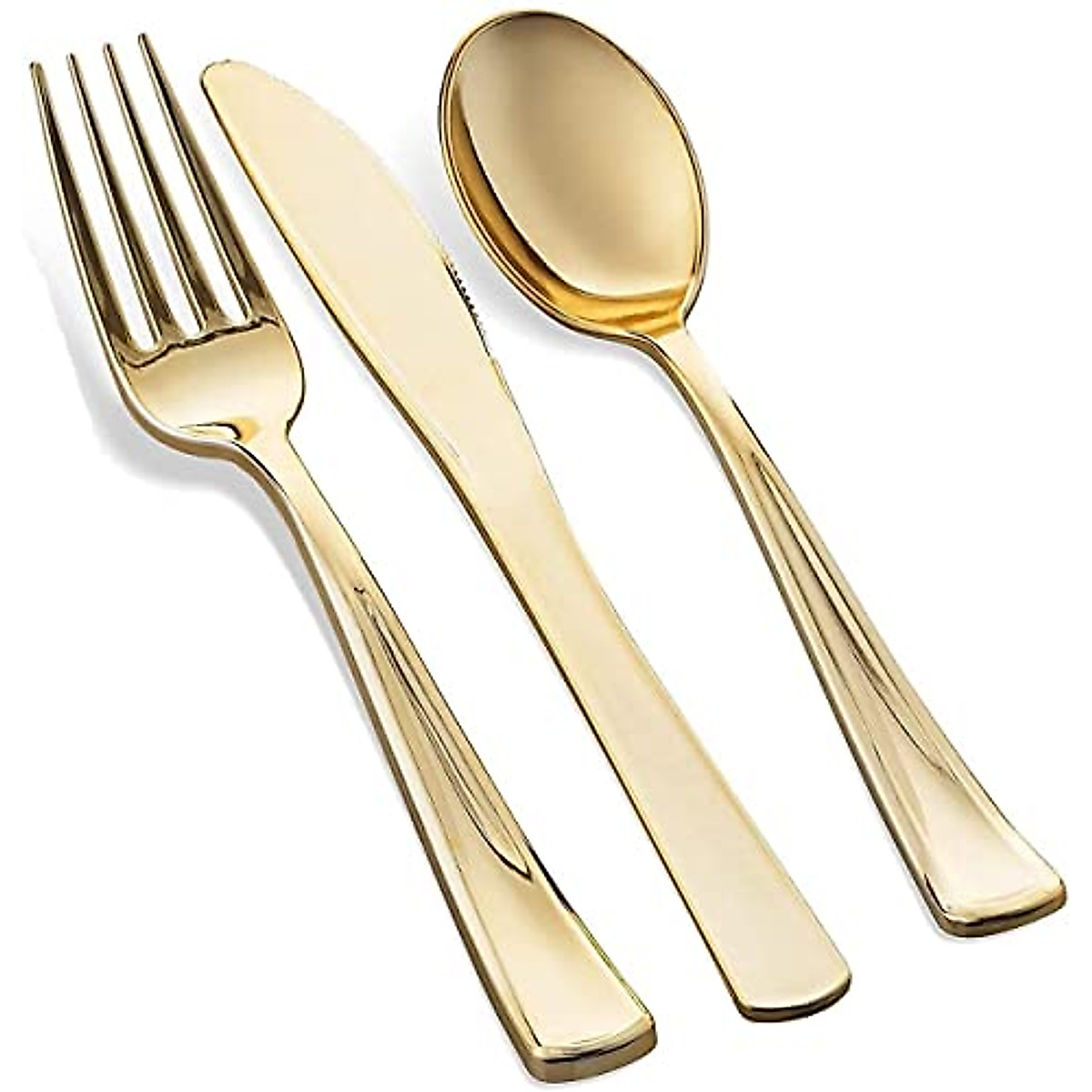 125 Piece Gold Dinnerware Party Set - 50 Gold Rim Plastic Plates, 25 Dinner 25 Dessert Plates, 75 Gold Silverware, 25 Knives, 25 Forks, 25 Spoons - 25 Guest Disposable Set for Wedding Birthday Parties