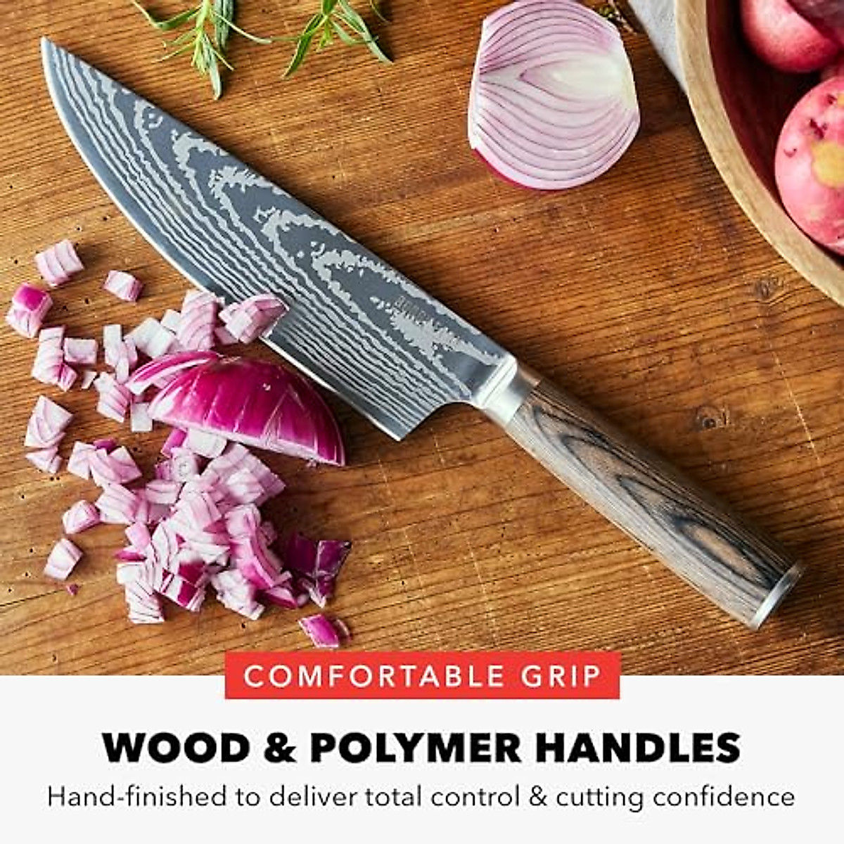 GreenPan x Bobby Flay 13 Piece Stainless Steel Cutlery Kitchen Knife Block Set, Premium Stainless Steel Blades, Acacia Wood Knife Block, Hand Finished Wood Handle, Damascus Steel Design