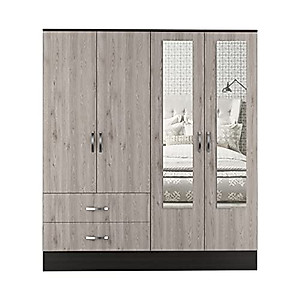 FM FURNITURE Florencia Mirrored New Vintage Armoire with Two Cabinets with Divisions & Two Drawers for Bedroom