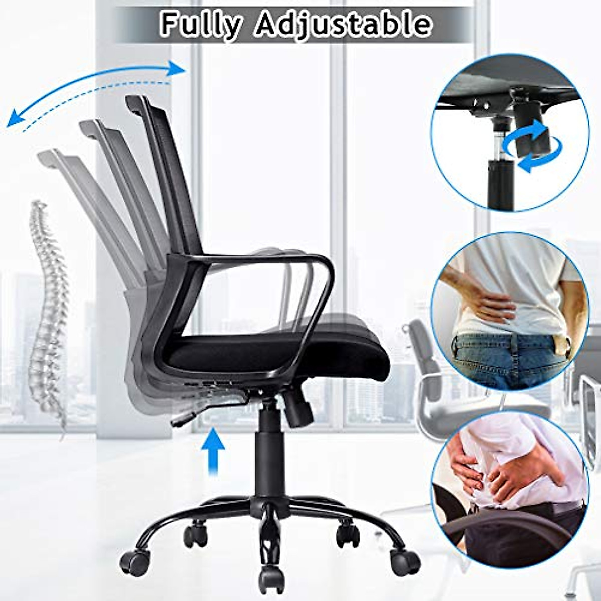 Ergonomic Office Chair Desk Chair Mid Back Computer Chair with Lumbar Support & Armrest Breathable Mesh Height Adjustable Rolling Swivel Task Executive Chair for Women Men, Set of 2, Black