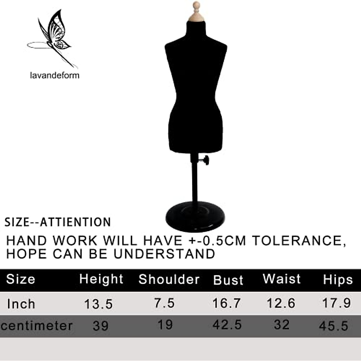 lavandeform Half Scale Dress Form (Not Full Size Body ) Female Mini for Clothing and Jewelry Display Usage Fabric Foam Body Fully Pinnable (Black)
