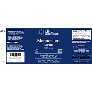 Life Extension Magnesium Citrate 100mg, 180 Veg Caps - Natural Mag Supplement - 100 mg Mineral Support Capsules - Vegan, Vegetarian, Non-GMO