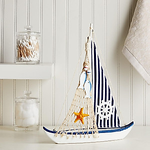 Juvale Sailboat Model Decoration - Wooden Sailing Boat Home Decor Set, Beach Nautical Design, Navy Blue and White with Ship's Wheel, 13 x 15 x 3 Inches