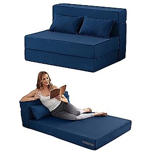 FILUXE Convertible Folding Sofa Bed - Sleeper Chair with Pillow, Modern Linen Fabric Floor & Futon Couch, Foldable Mattress for Living Room/Dorm/Guest/Home Office/Apartment,Standard Size, Navy Blue