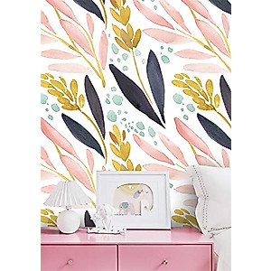HAOKHOME 93027 Watercolor Forest Peel and Stick Wallpaper Removable White/Pink/Navy/Yellow Floral Vinyl Self Adhesive Shelf Liner 17.7in x 9.8ft