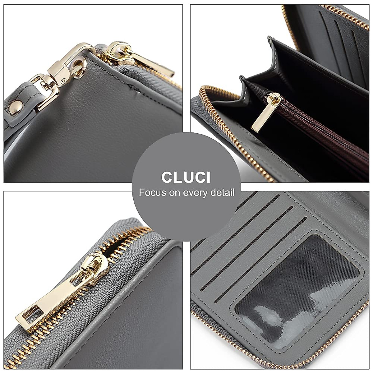 CLUCI Womens Wallet Large Leather Clutch Ladies Travel Purse Zipped Large Multi Card Organizer with Wristlet Gray