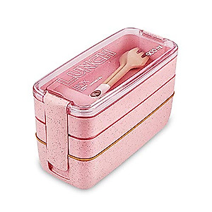 Iteryn Bento Adults Lunch Box, Stackable Bento Box, 3-In-1 Compartment - Wheat Straw, Leakproof Bento Lunch Box Meal Prep Containers