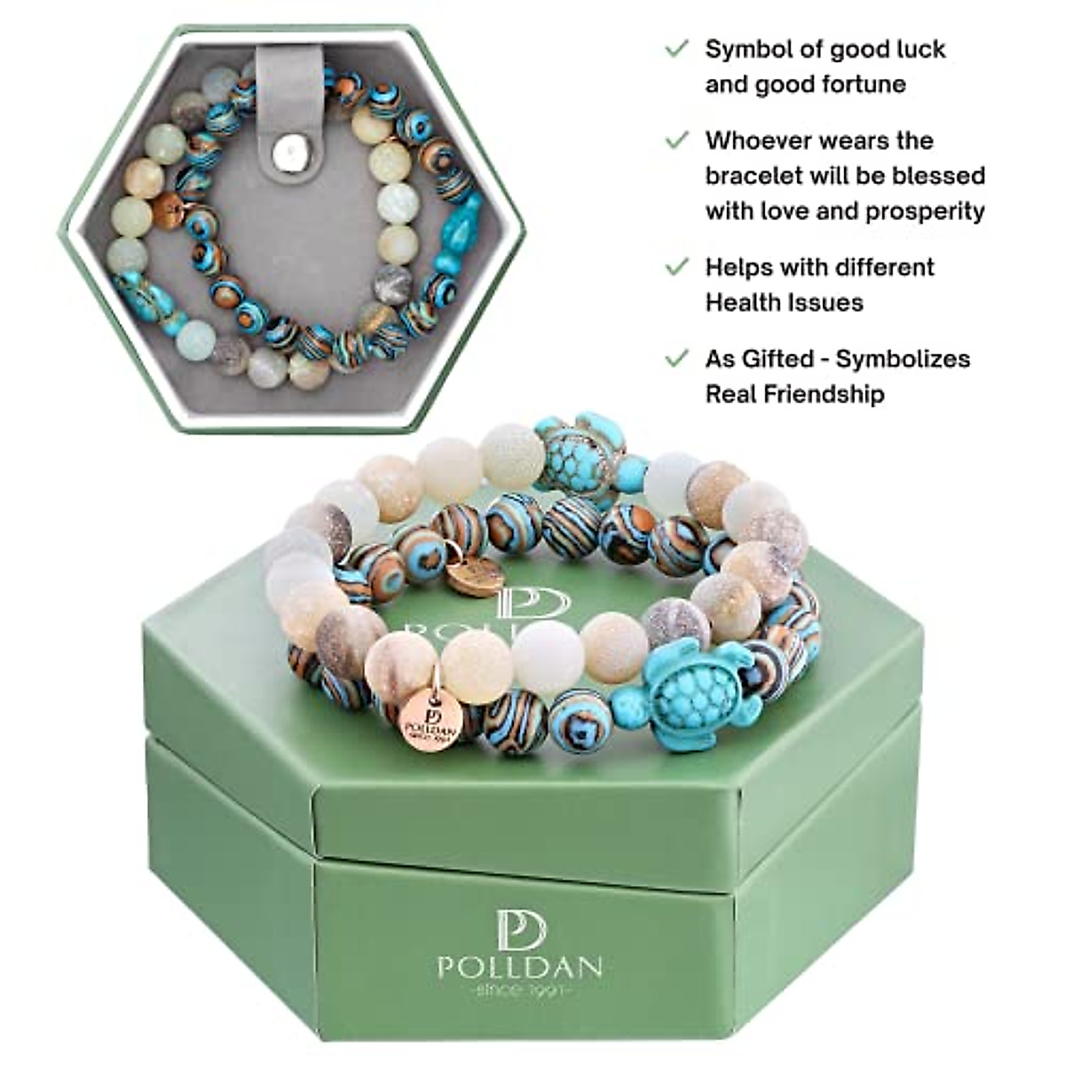 POLLDAN Sea Turtle Bracelet | Sea Turtle Gifts For Women | Turtle Bracelet Turquoise | Charm Beaded Bracelets | Chakra Bracelets | Womens Jewelry | Beads Adjustable Bracelet | (Sand)