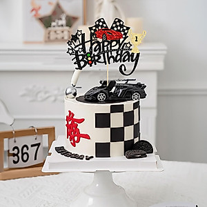 1Pc Race Car Happy Birthday Cake Topper Glitter Traffic Light Trophy Flag Helmet Racing Car Cake Picks for Let's Go Racing Theme Baby Shower Boys Birthday Party Decorations Supplies
