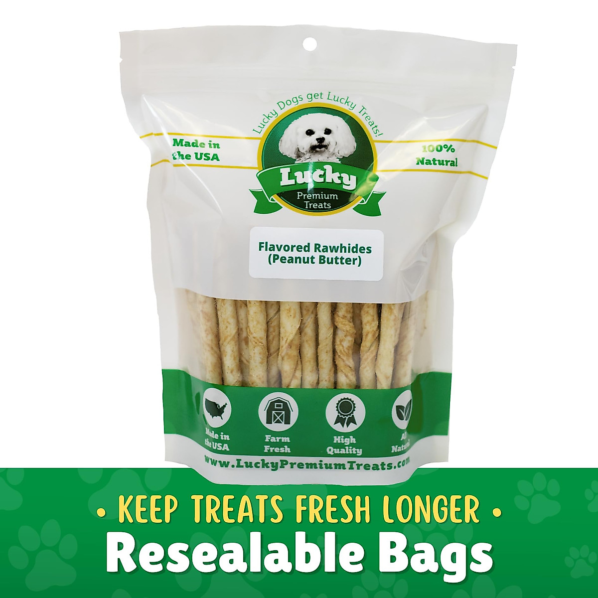 Lucky Premium Treats Peanut Butter Basted Rawhide – All-Natural Rawhide and Peanut Butter Dog Treats for Small Dogs, Gluten Free Premium Small Breed Dog Treats (25 Chews)