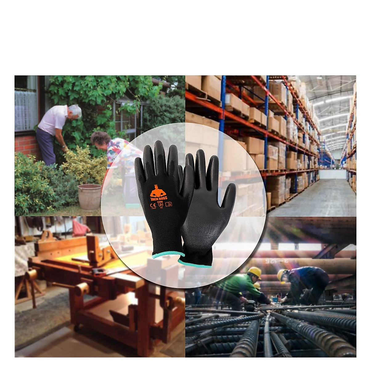 Jack Boss 12 Pack Safety Work Gloves for Men & Women With PU Coated Grip On Palm & Fingers Seamless Knit Working Gloves for Light Duty Works,Gardening