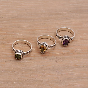NOVICA Artisan Handmade .925 Sterling Silver Multigemstone Stacking Rings Amethyst Citrine Peridot Cocktail Indonesia Birthstone 'Perfect Prism' (set of 3)