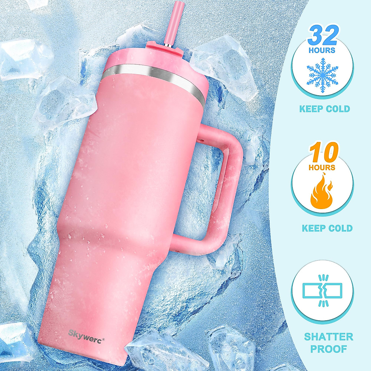 40 oz Tumbler with Handle and Straw, 2 Lids (2 in 1 & LeakProof Lid) - Vacuum Insulated Stainless Steel Double Wall Water Bottle Travel Mug - Holiday Gifts for Women Men - Baby Pink
