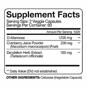 NutriPeeps D-Mannose 1500mg, 120 Capsules with Dandelion Herb and Cranberry Extracts, Natural Urinary Tract Cleanse for UTI Support, Flushing and Detoxing of Impurities, for Men and Women.