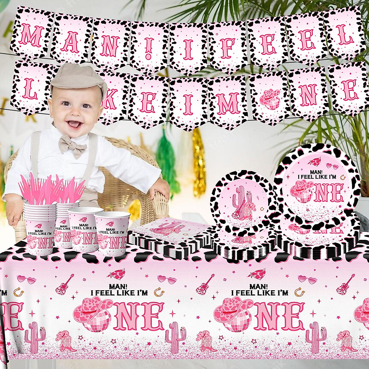 Western Cowgirl Birthday Party Decoration,142Pcs Pink Disco Cowgirl 1st Tableware Set I’m One Cowgirl Plates Napkins Cowgirl Tablecloth for My First Rodeo Let’s Go Cowgirl 1st Baby Shower Decoration