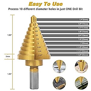 10 Sizes Titanium Step Drill Bit, 1/4 to 1-3/8 Inches High Speed Steel Step Drill Bits for Sheet Metal Hole Drilling Cutting, HSS Multi Size Unibit Drill Bits DIY Lovers, Multiple Hole Stepped up Bits