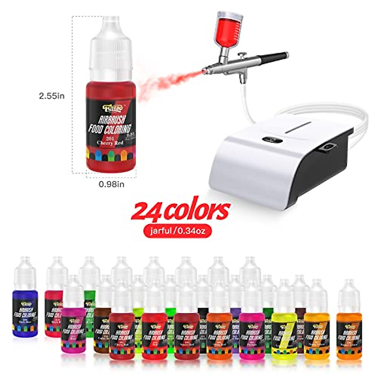 Airbrush Food Coloring Kit - 24 Vivid Colors for Cake Decorating