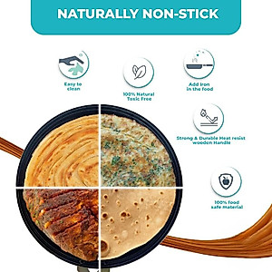 KASHVIYA Iron Concave Roti/Chapati/Paratha/Fulka Tawa with Wooden Handle 27.5 Cm|11 inch|2 mm Thick Original Iron