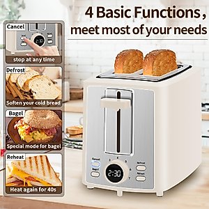 SEEDEEM Toaster 2 Slice, Bread Toaster with LCD Display, 7 Shade Settings, 1.４'' Extra Wide Slots Toaster with Cancel, Bagel, Defrost, Reheat Functions, Removable Crumb Tray, 900W, Cream White