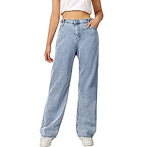 SANGTREE Girls Wide Leg Jeans Elastic Waist Denim Pants Baggy Jeans for Girls, Light Blue, 13-14 Years = Tag 170