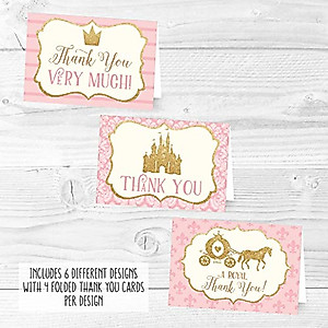 24 Princess Baby Shower Thank You Cards With Envelopes, Kids Thank-You Note, 4x6 Gratitude Card Gift For Guest Pack For Party, Birthday for Girl Children, Cute Pink Royal Queen Crown Event Stationery