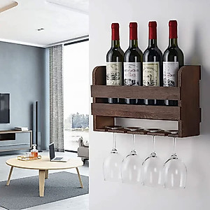 Wall Mounted Wine Rack Storage Shelf | Holds Up to 5 Bottles and 4 Glasses | Easy Mount Hanging Glass and Bottle Holder Organizer Wooden Shelves Modern Display for Home and Kitchen - Rustic Brown