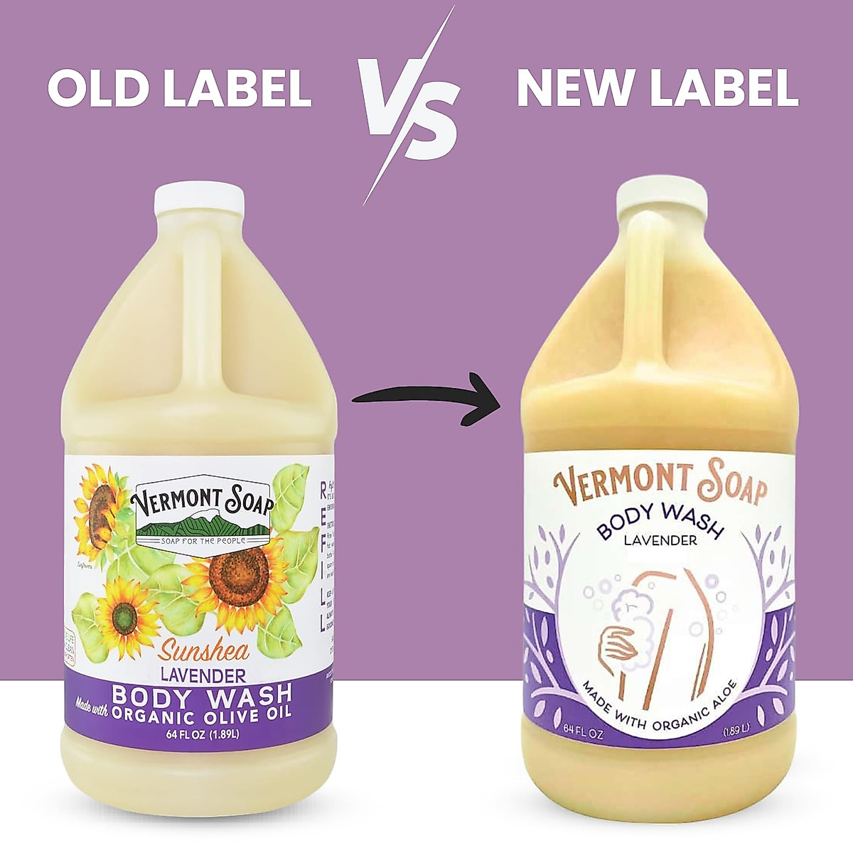 VERMONT SOAP Natural Body Wash with Shea Butter, Mild Gel Body Wash for Moisturizing and Soothing Skin, Fragrance Free Body Wash for Women & Men (Lavender, 64oz)