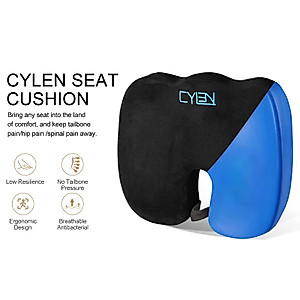 CYLEN Home Office Seat Cushion - Comfort Memory Foam Chair Cushion with Cooling Gel Infused for Tailbone, Coccyx, Back & Sciatica Pain Relief (Black-Blue)