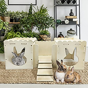kathson Wooden Rabbit Castle Small Animals Hideout Bunny Playhouse Tunnel with Bridge Windows Spacious and Breathable Indoor Castle for Bunnies, Cat, Guinea Pig