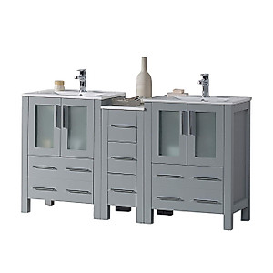60 Inches All Wood Double Ceramic Sink Bathroom Vanity with Side Cabinet, 001 60 15 C (Double Ceramic Top, Metal Grey)