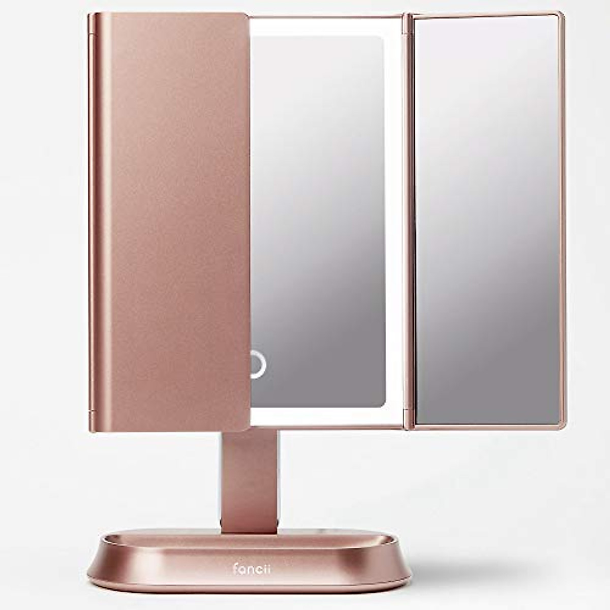 Fancii Makeup Mirror with Natural LED Lights, Lighted Trifold Vanity Mirror with 5X & 7X Magnifications - 40 Dimmable Lights, Touch Screen, Cosmetic Stand - Sora (Rose Gold)