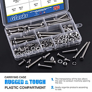 Glarks 260Pcs 13 Size M6 304 Stainless Steel Button Head Screws Hex Socket Cap Screws Bolts and Nuts Washers Assortment Kit with Hex Wrench for Machinery Furniture Car Repair