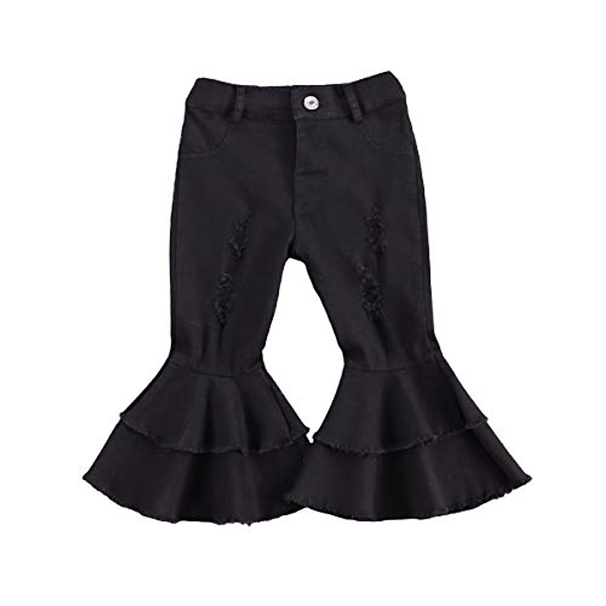 FIOMVA Toddler Baby Girls Flare Pants Solid Denim Ripped Jeans Ruffle Wide Leg Legging Trousers High Waist Bell Bottoms (B-Double Layered Ripped Black,1-2T)