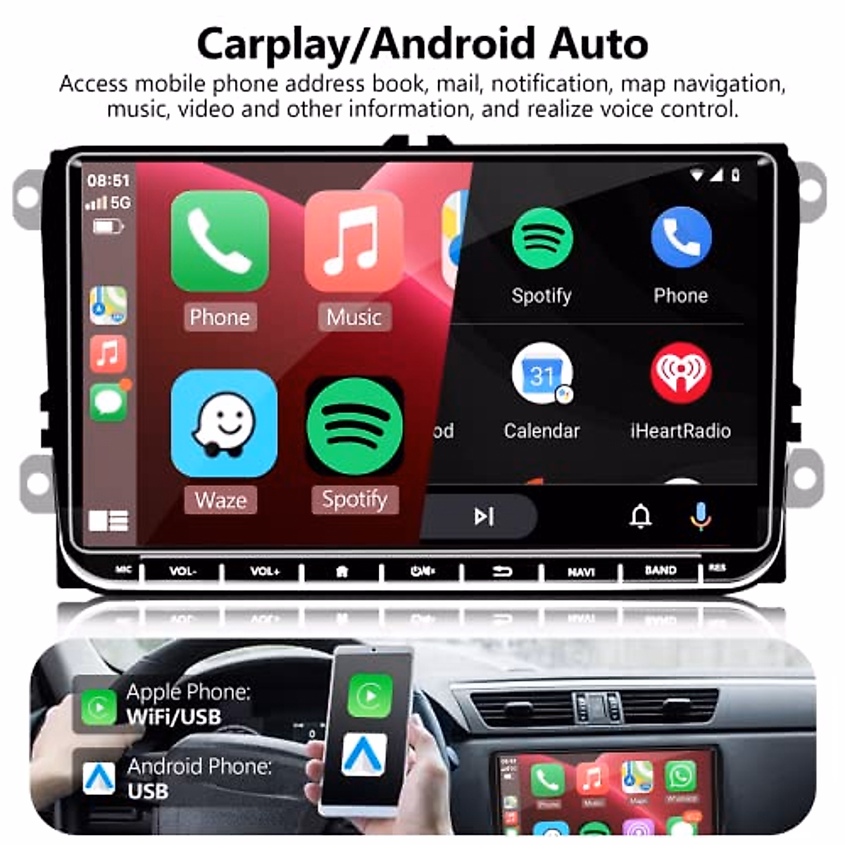 Car Stereo Radio Receiver with Wireless Apple Carplay Android Auto, 9 Inch Touch Screen with Bluetooth WiFi GPS Navigation SWC Backup Camera, for Volkswagen Jetta Skoda Golf Tiguan Passat Seat 2+32GB