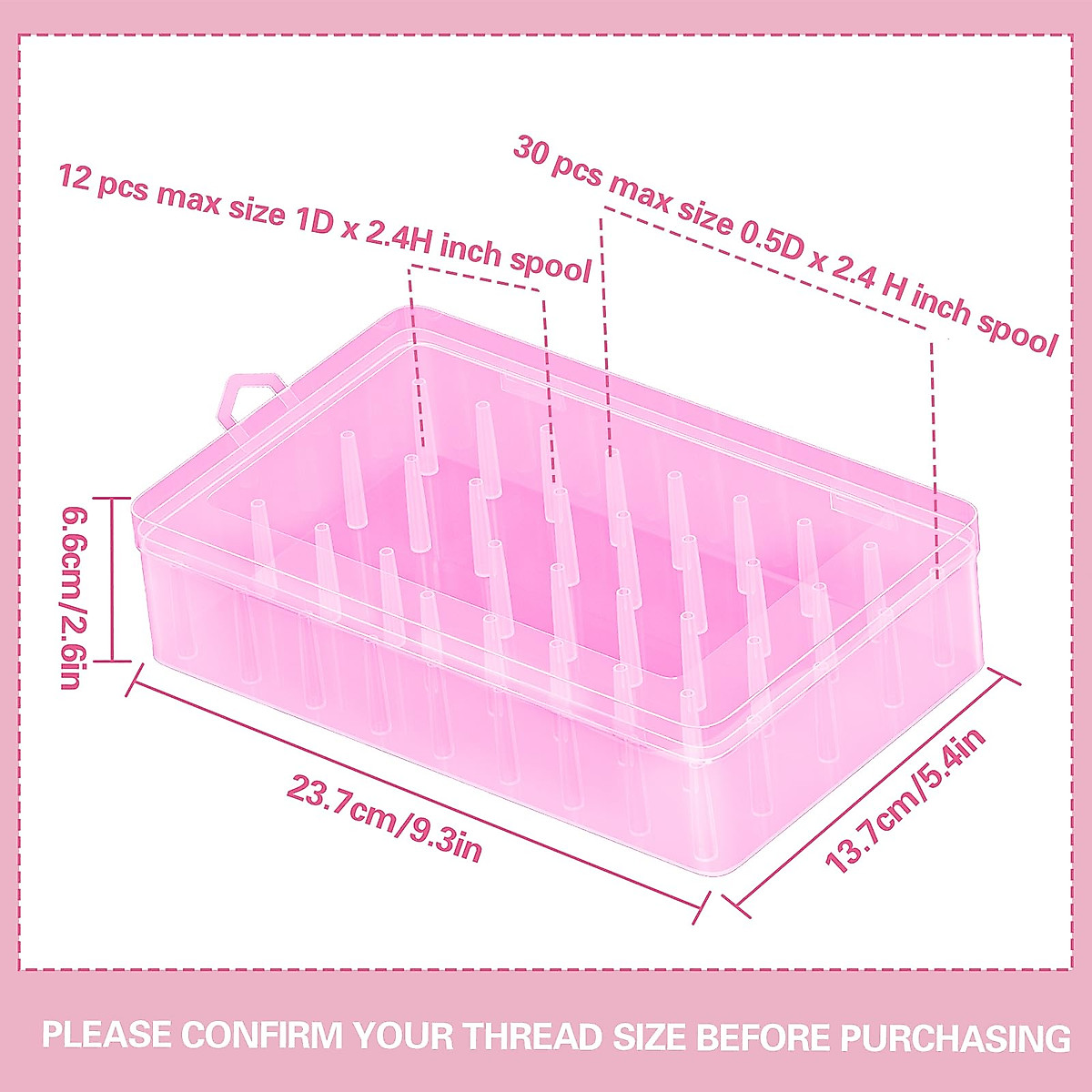 XiyaxiVici 42 Slot Sewing Thread Pink Storage Box Bobbin Needle Spool Holder Organizer Embroidery Household DIY Sewing Accessories, Contain 2 Size Spool 30 pcs 0.5 x 2.4 inch + 12 pcs 1 x 2.4 inch