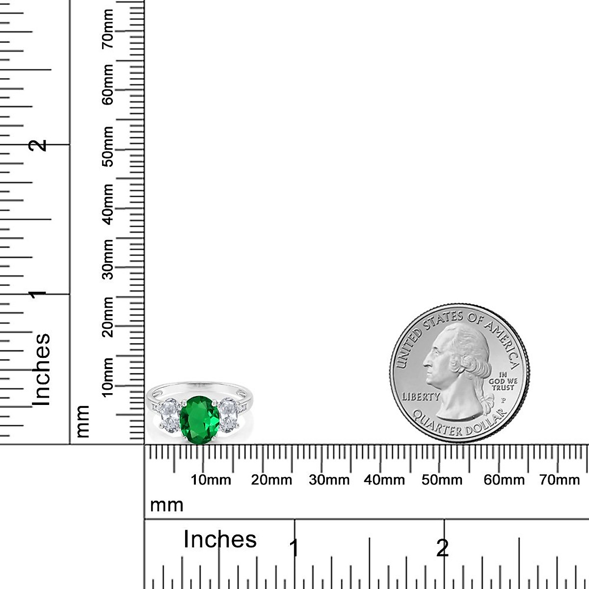 Gem Stone King 10K White Gold Green Nano Emerald White Topaz and White Diamond Oval 3-Stone Engagement Ring For Women (2.00 Cttw, Gemstone May Birthstone, Available In Size 5, 6, 7, 8, 9)