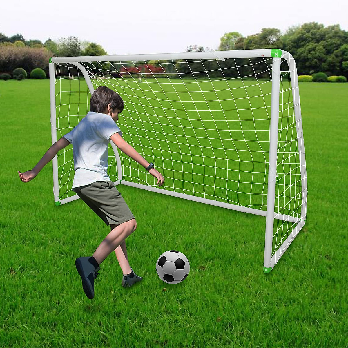 6'X4' Soccer Goal for Backyard Kids Portable Soccer Net with High-Strength Nets, Ground Stakes, Eight-Shaped Clasp, Strong PVC Frame & Weather Resistance Excellent Soccer Field Equipment