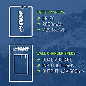 Wasabi Power LP-E6, LP-E6N Battery (2-Pack) and Charger for Canon EOS 5D Mark II/III/IV, 5DS, 5DS R, 6D, 6D Mark II, 7D, 7D Mark II, 60D, 70D, 80D, 90D, R, R5, R6, Ra, XC10, XC15, BMPCC 4K, BMPCC 6K
