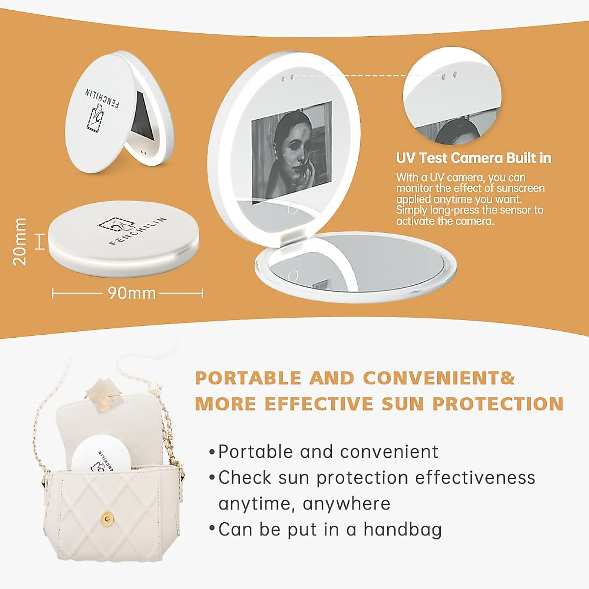 FENCHILIN Travel Compact Mirror with UV Camera for Sunscreen Test, 2X Magnification Portable Lighted Mirror for Handbag Pocket, 3.5 Inch