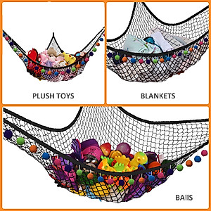 Net for Stuffed Animals, Meirenda Stuffed Animal Hammock or Net Jumbo Stuffed Toy Net Storage Organizer Kids Sling Corner Wall Mesh Toy Hammock for Stuffed Animals with Balls(Black, 70 inch)