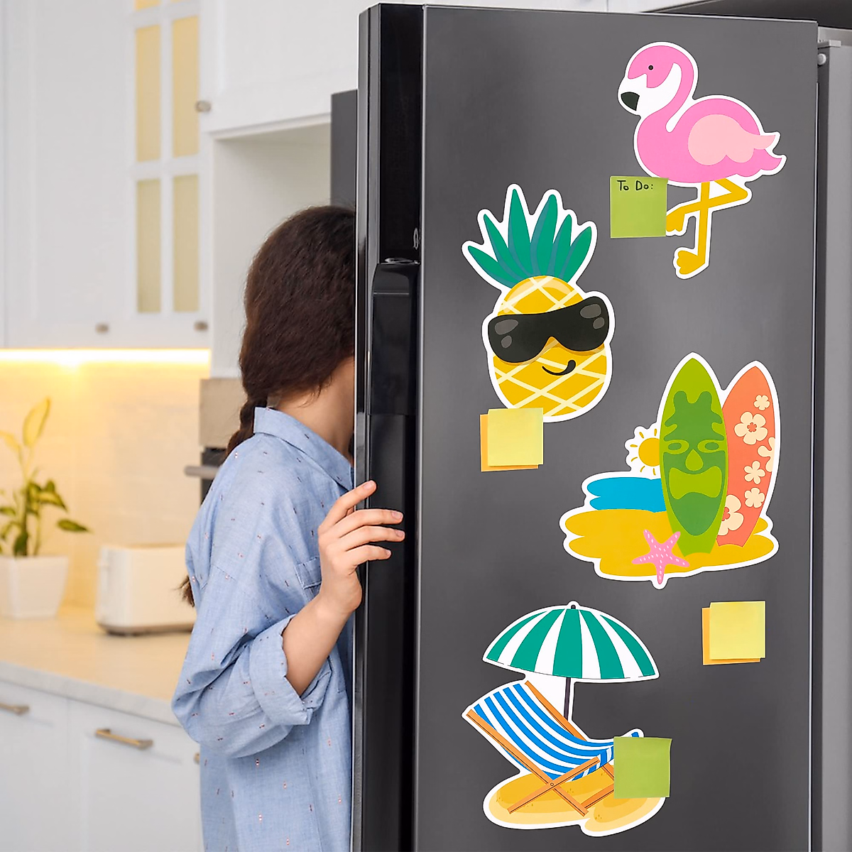 JAPBOR 4pcs Cruise Door Magnets Decorations Magnetic, Refrigerator Car Cabin Ship Magnet, Tropical Beach Summer Hawaii Decal, Flamingo Pineapple Surfboard Fridge Sticker for Home Kitchen Cabinet Decor