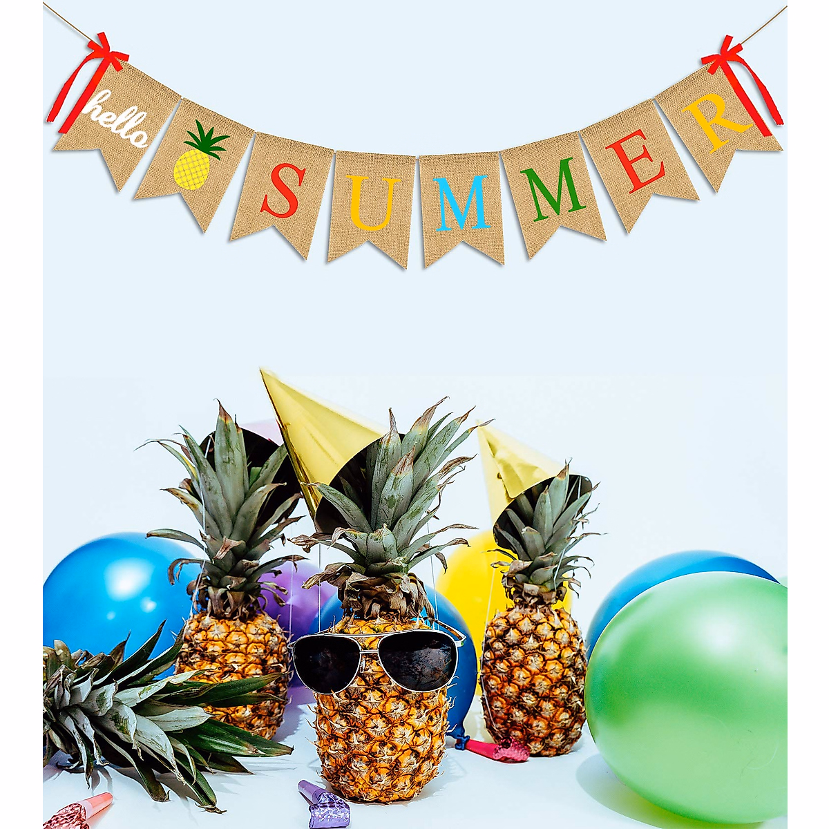 JOZON Hello Summer Burlap Banner Jute Summer Bunting Banner Garland Pineapple Summer Decorations for Holiday Party Mantel Fireplace Wall Hawaiian Party Supplies Decors