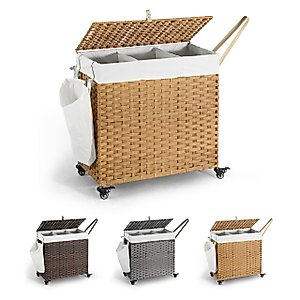 CAPHAUS Laundry Basket w/Wheels, Synthetic Rattan Laundry Hamper w/Lid, Removable Liner Bags, Mesh Bags, Pulling Strap, Clothes Hamper for Laundry, Basket w/Lid for Storage, 140L, Natural