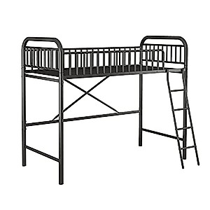 GINGVAT Twin Size Metal Loft Bed with Ladders/Full-Length Guardrails, Modern Style Study/Play Area, No Box Spring Needed, Black